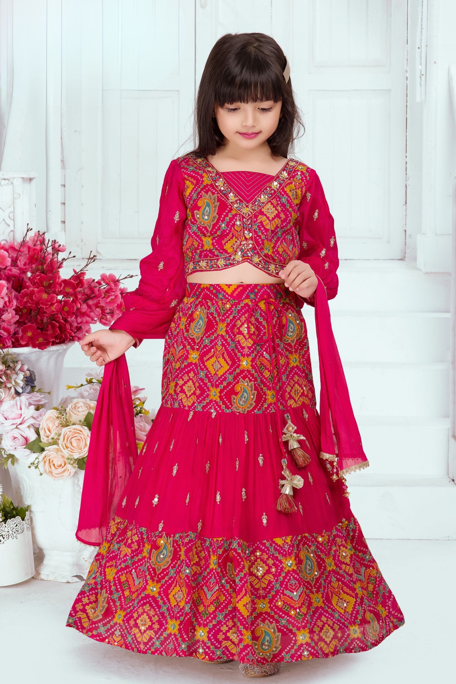 Rani Pink Beads, Mirror and Sequins work with Bandini Print Lehenga Ch ...