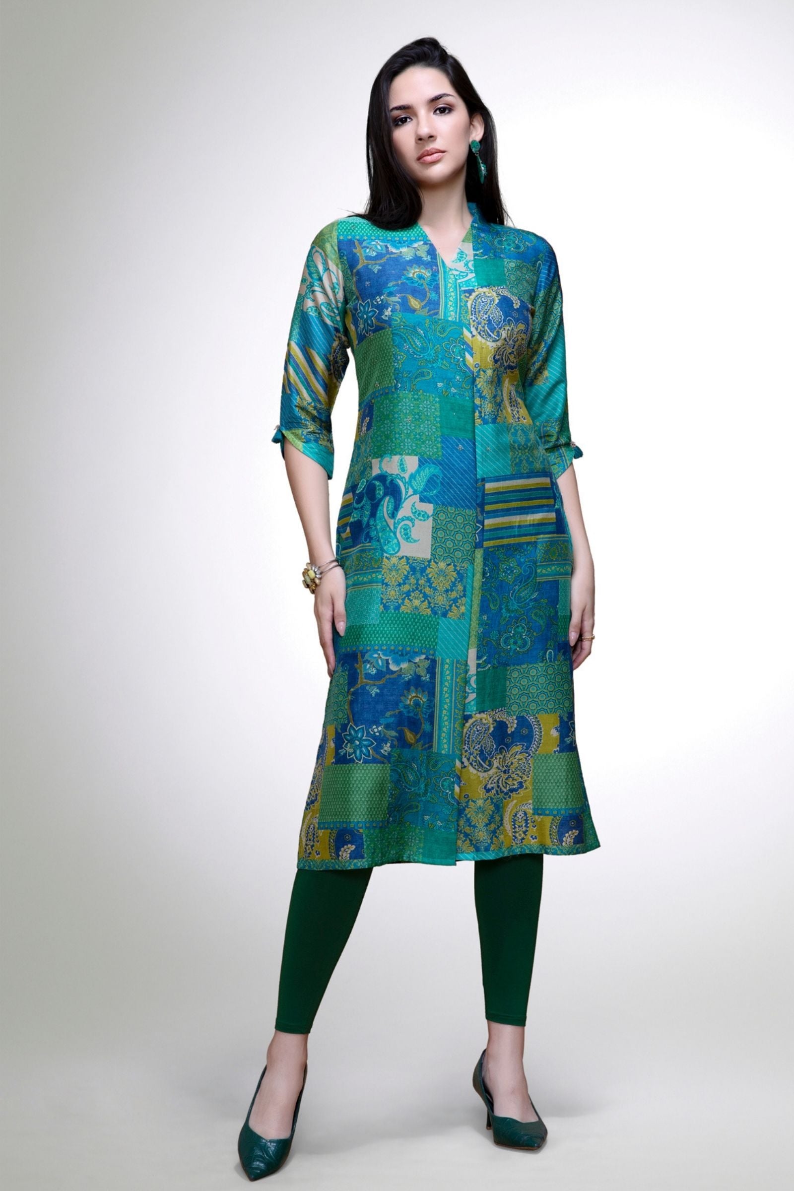 Blue Stone work with Digital Print Calf Length Kurti – Seasons Chennai
