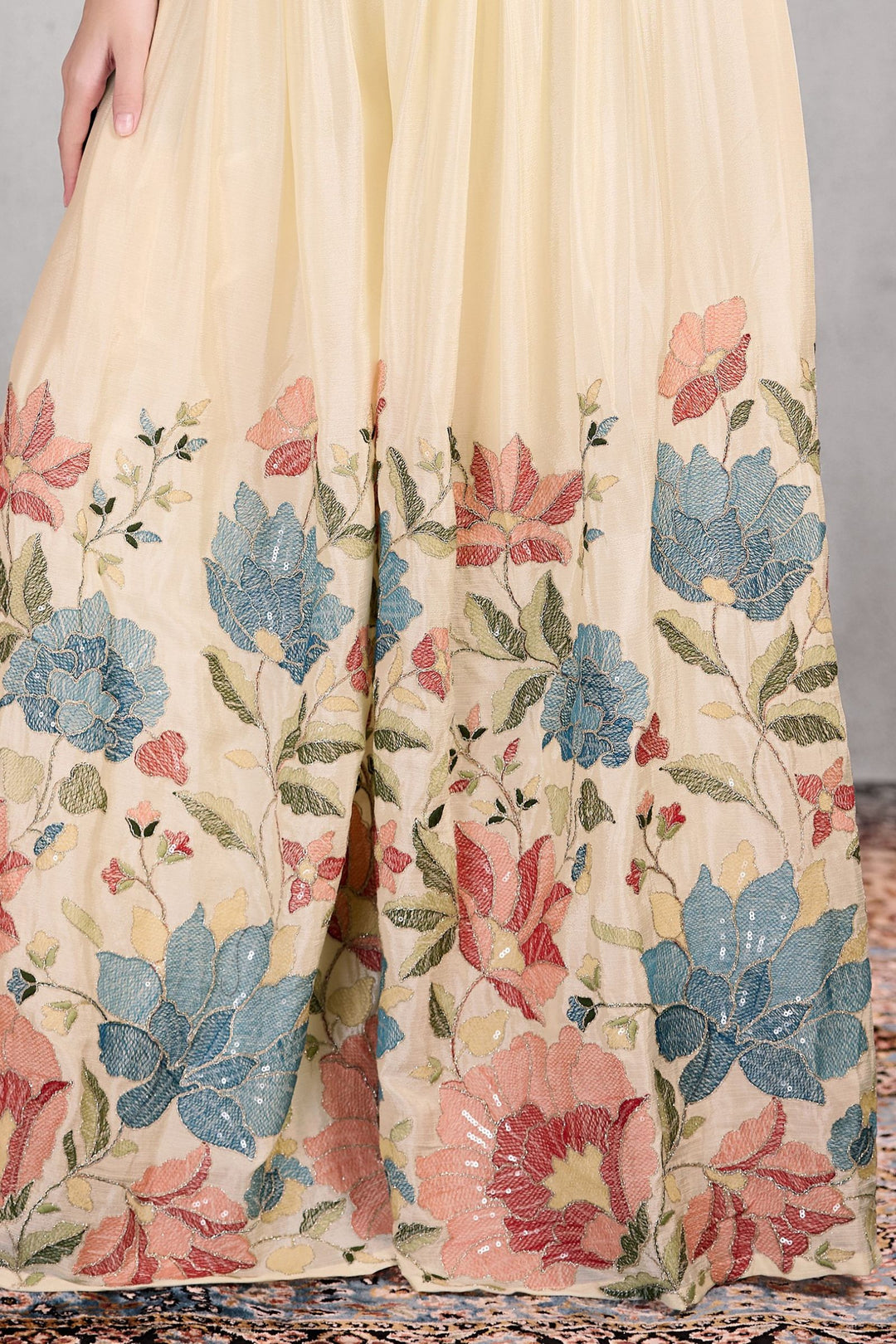 Cream Multicolor Thread, Beads, Sequins and Zari work Palazzo Suit Set ...